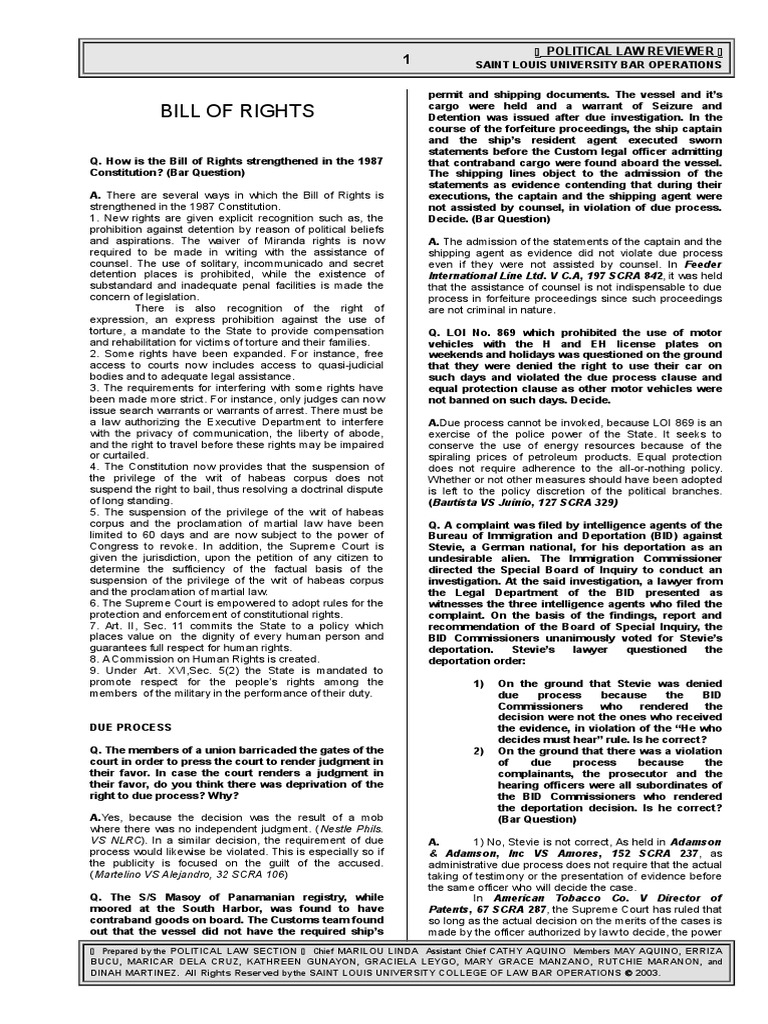 Bill of Rights Q&A 2003 | PDF | Search And Seizure | Habeas Corpus