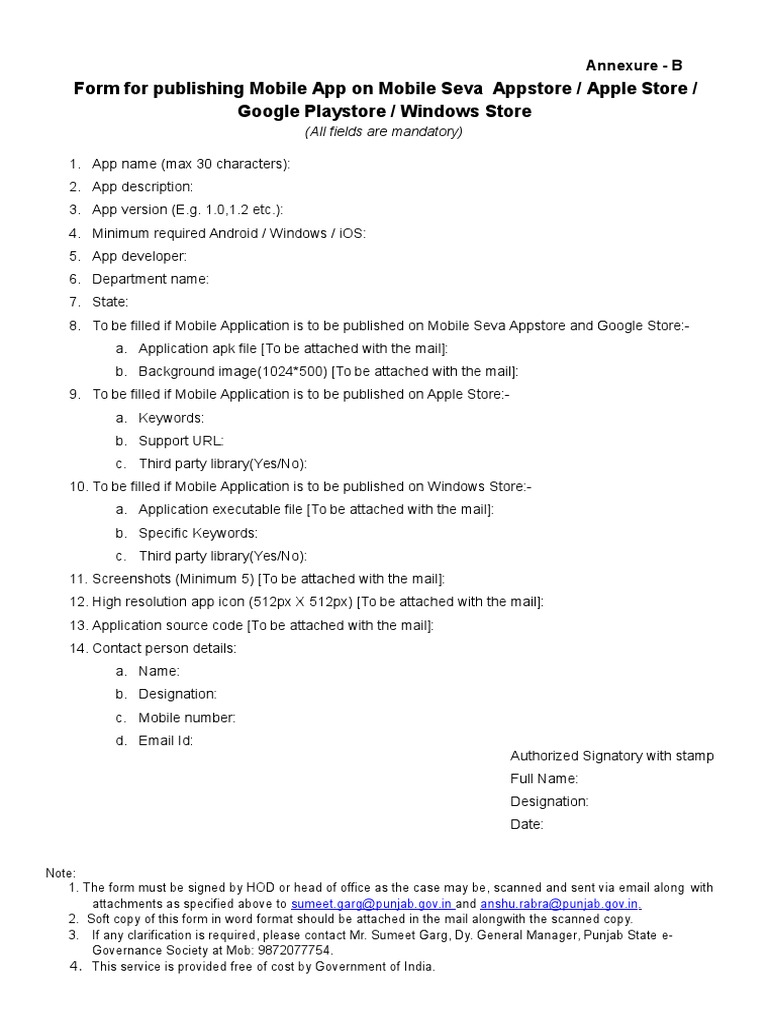 Form For Publishing Mobile App On Mobile Seva Appstore | PDF | Computers