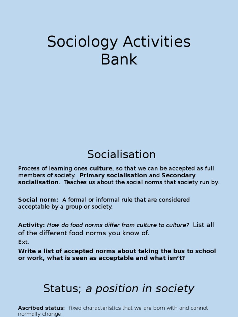 Sociology Activities Bank | PDF | Norm (Social) | Socialization
