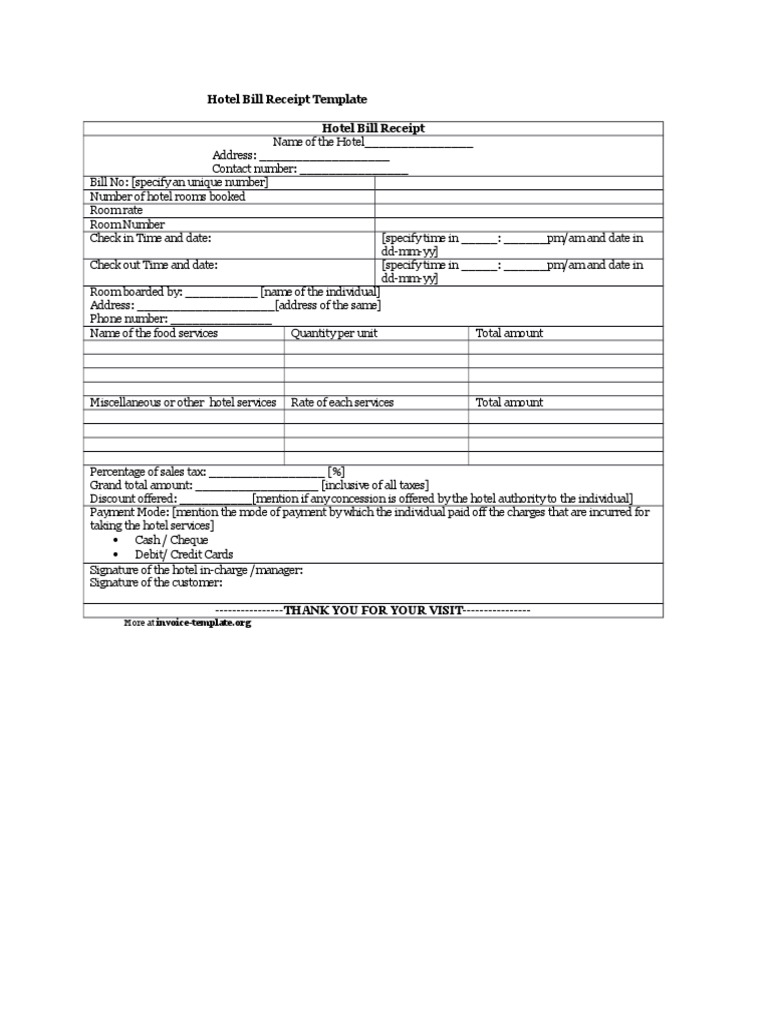 Hotel Bill Receipt Template | PDF
