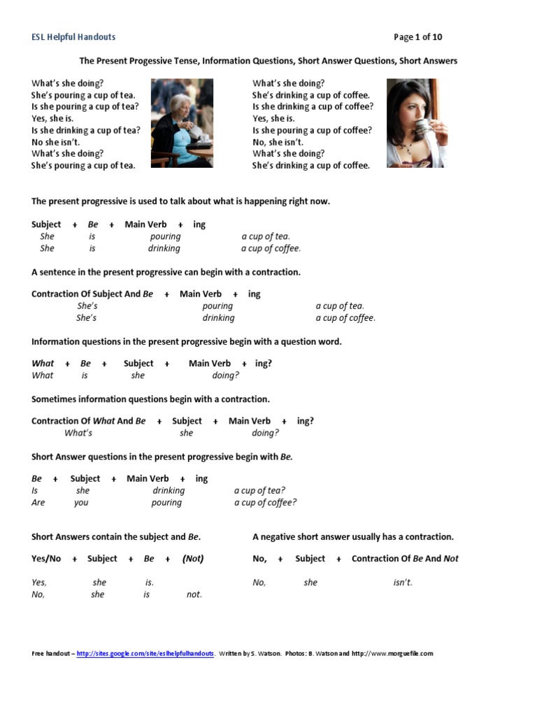 The Present Progressive Tense, Information Questions, Short Answer ...