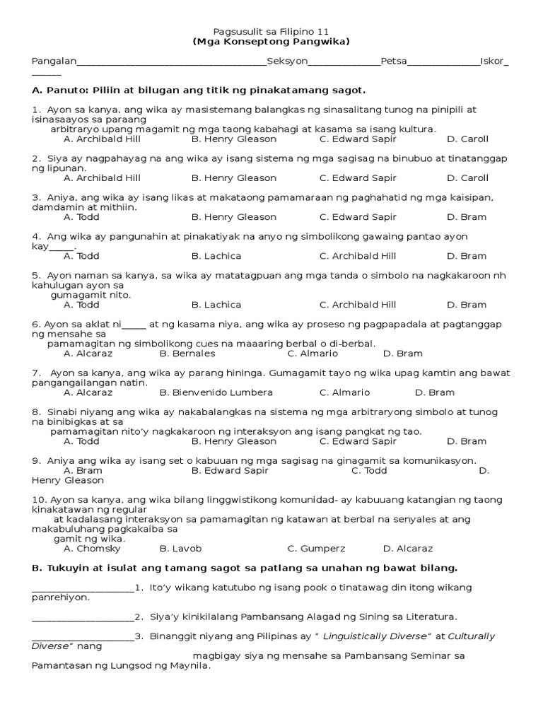 Pagsusulit Sa Filipino Grade 11 Konsepto NG Wika | PDF