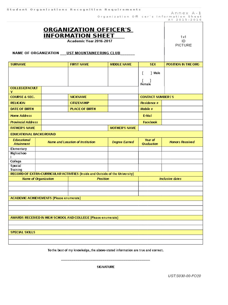 Organization Officer'S Information Sheet: 1x1 ID Picture | PDF