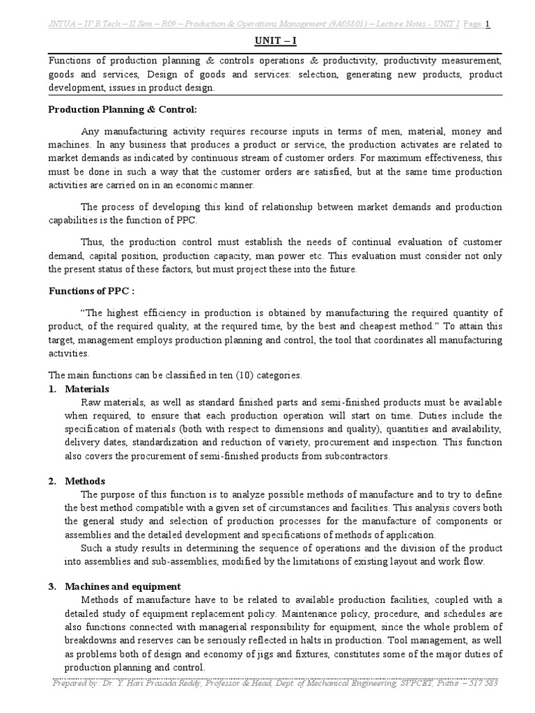 Unit-I PPC & Functions PDF | PDF | Operations Management | Control Theory