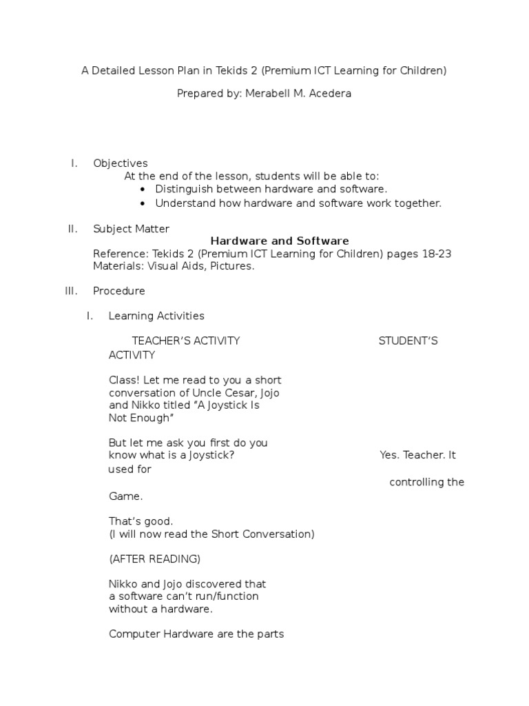 A Detailed Lesson Plan in Tekids 2 | PDF | Software | Computer Hardware