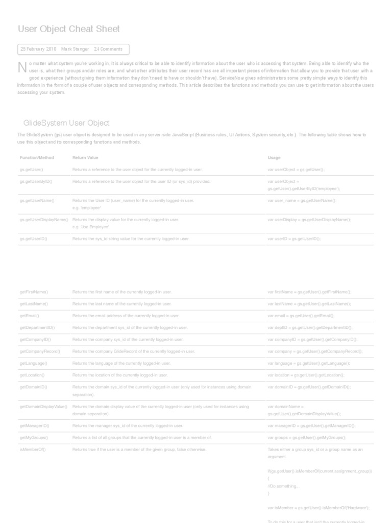 User Object Cheat Sheet - ServiceNow Guru PDF | PDF | Areas Of Computer Science | Computing
