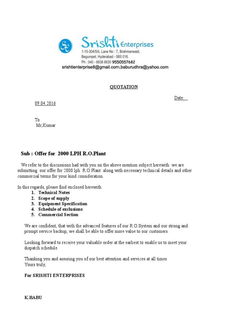2000 LPH RO Plant Quotation Details | PDF | Filtration | Membrane