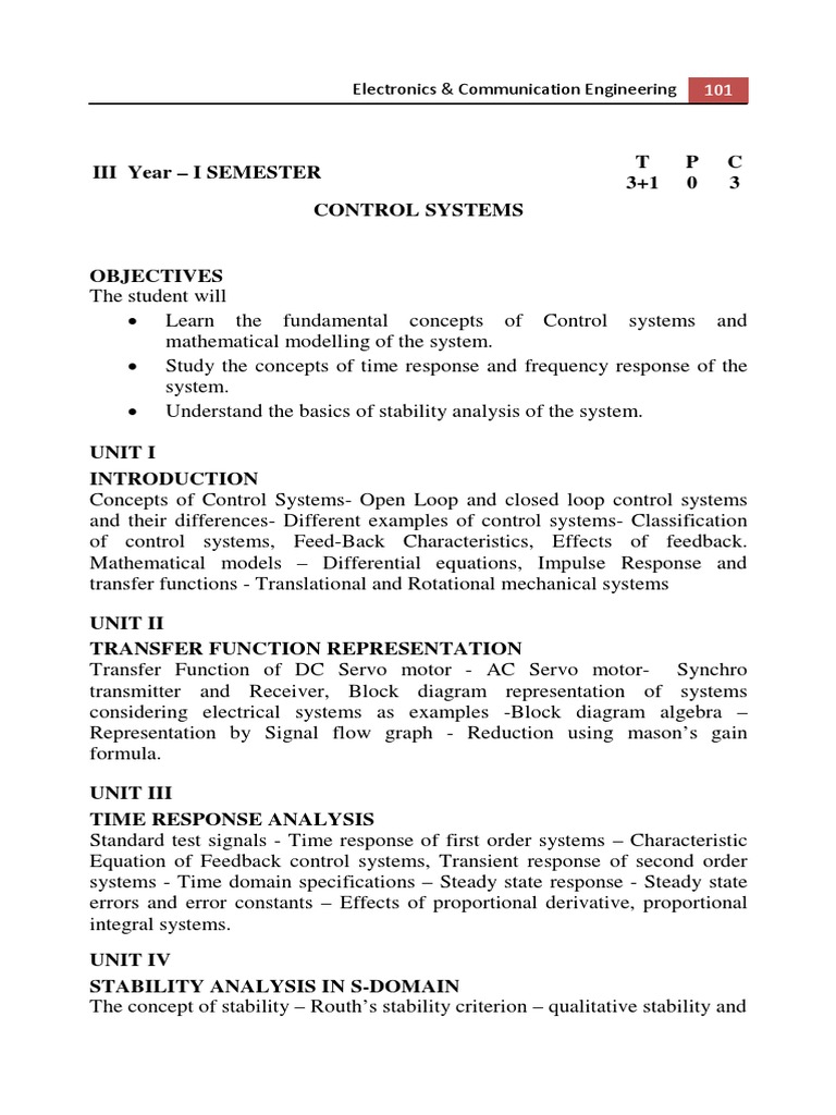 Syllabus Control Systems ECE R13 | PDF | Control Theory | Electronic ...