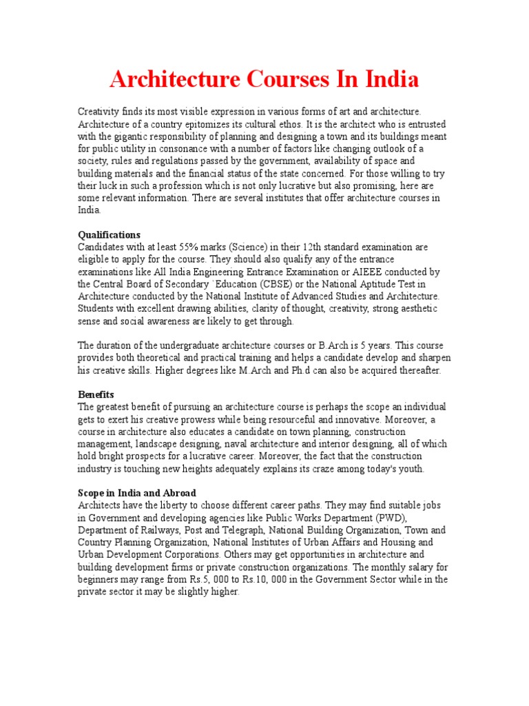 Architecture Courses and Careers in India | PDF | Test (Assessment ...