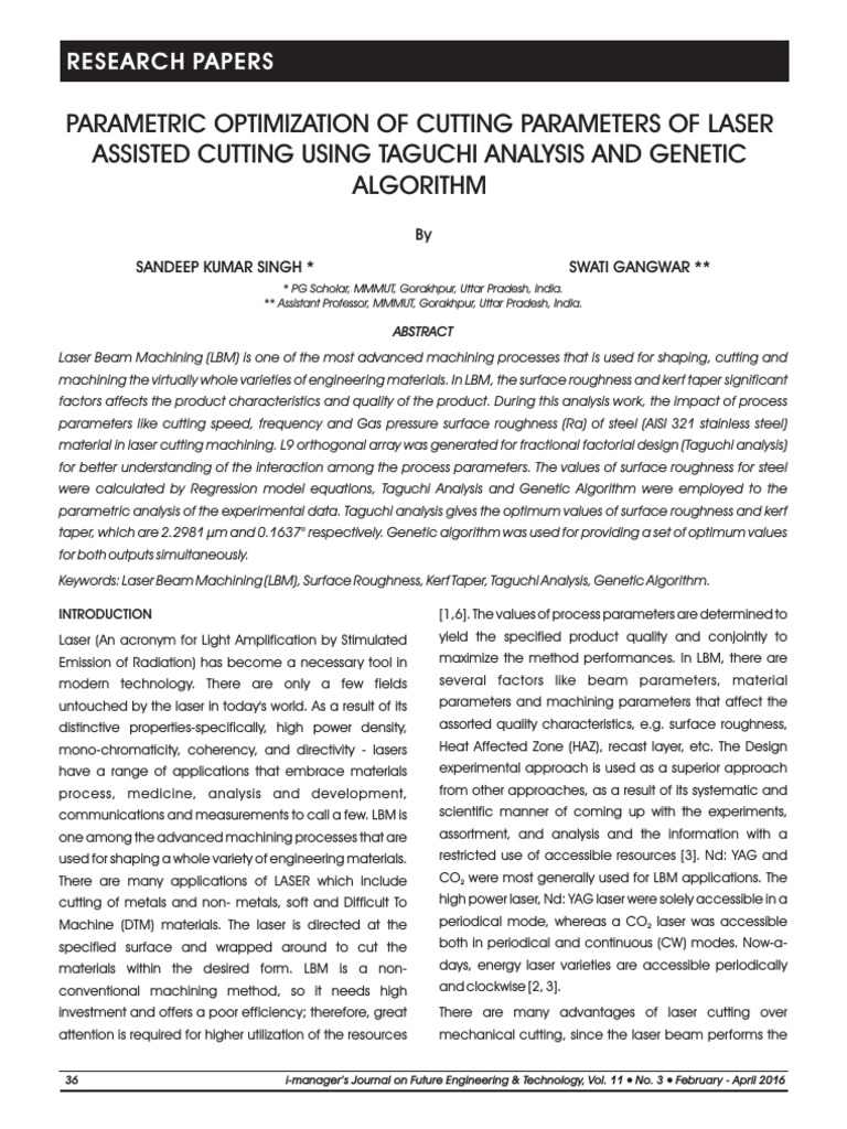 Parametric Optimization of Cutting Parameters of Laser Assisted Cutting ...