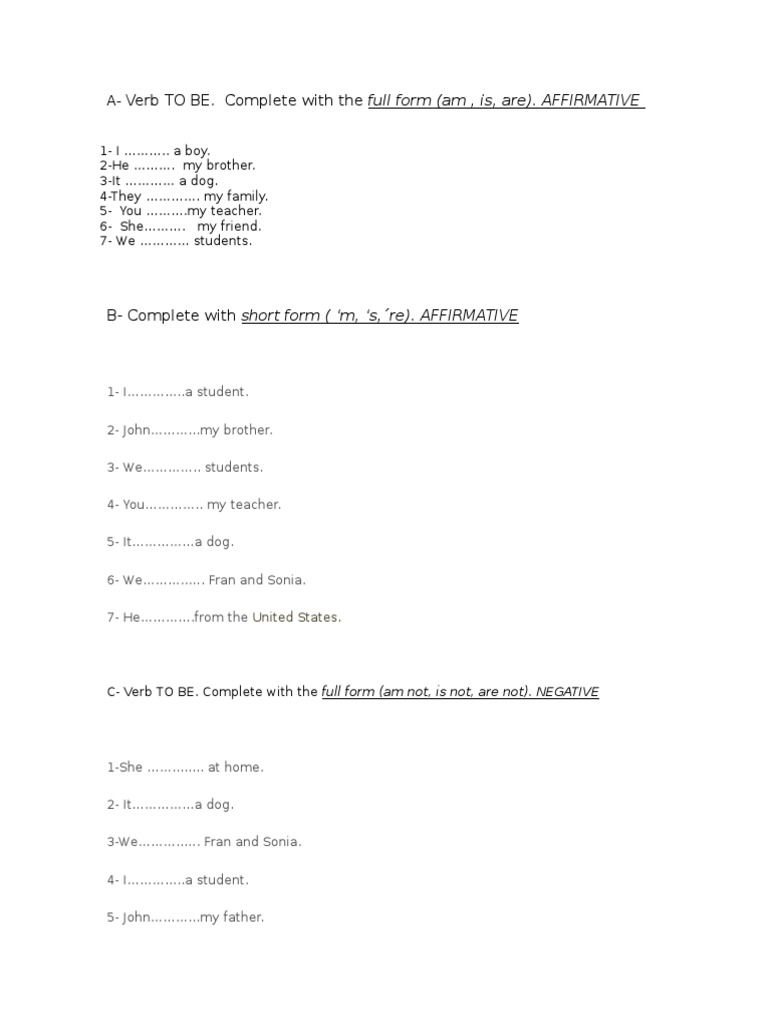Verb TO BE. Complete With The Full Form (Am, Is, Are) - AFFIRMATIVE | PDF
