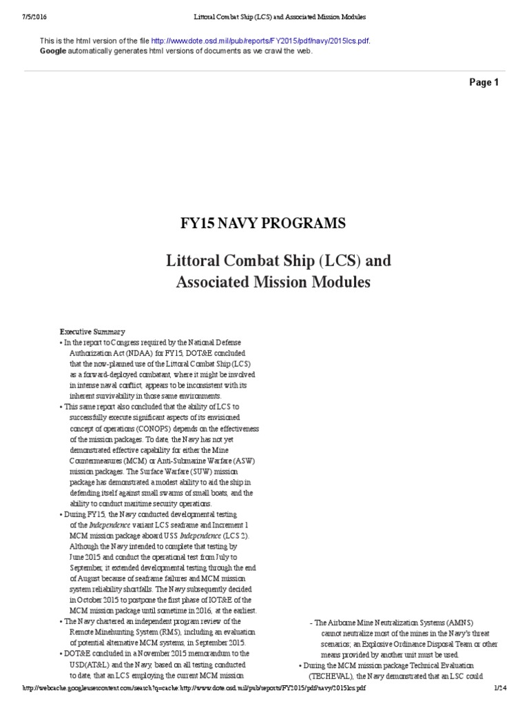 Littoral Combat Ship (LCS) and Associated Mission Modules | PDF ...