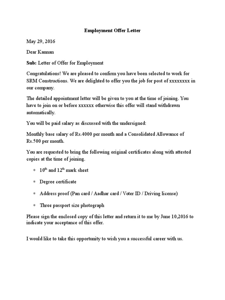 Employment Offer Letter: TH TH | PDF