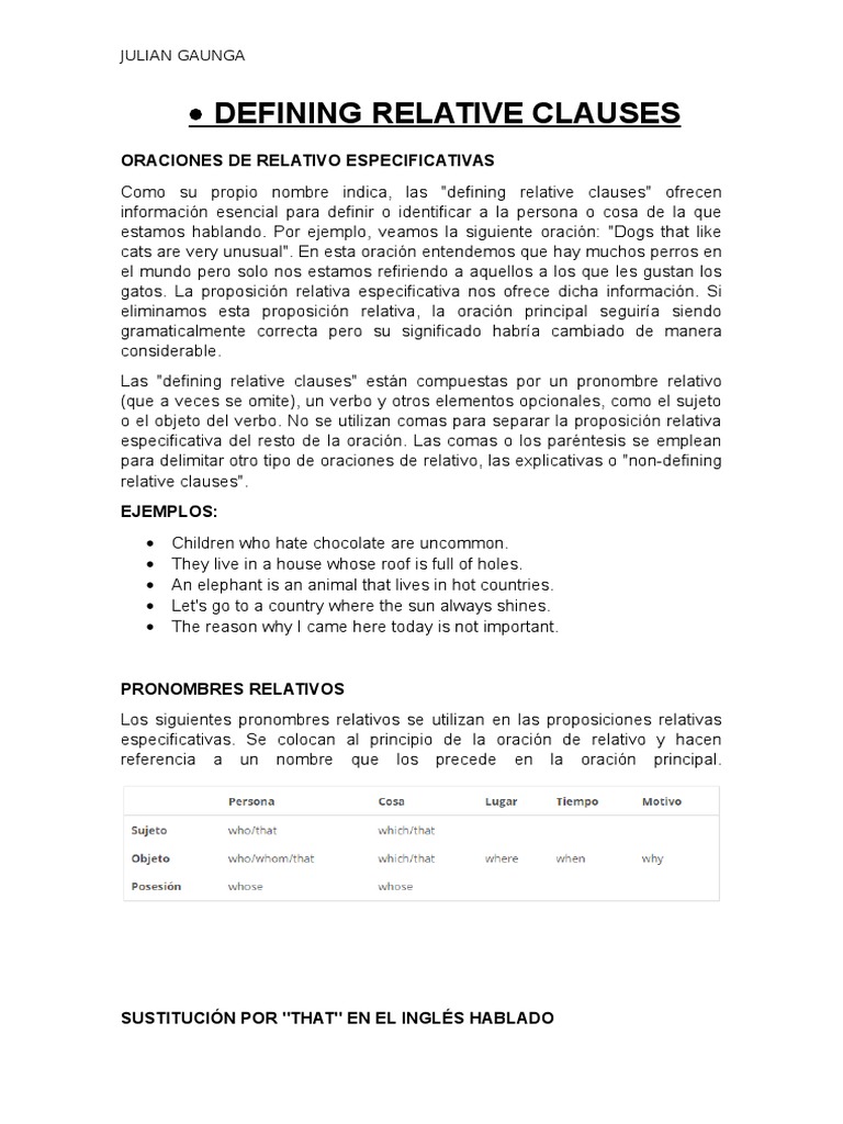 Defining Relative Clauses | PDF | Asunto (gramática) | Oración ...