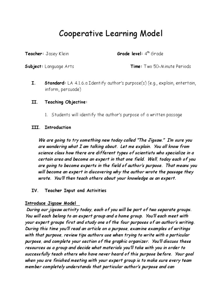 Cooperative Learning Model Lesson Plan | PDF | Expert | Applied Psychology