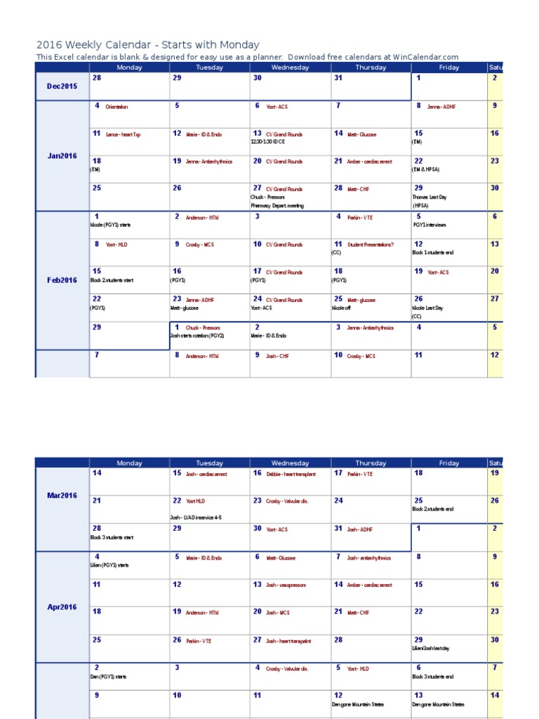 2016 CV Resident-Student Calendar | PDF