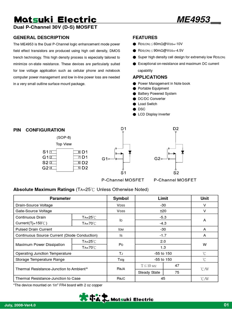 High Performance Dual P-Channel 30V MOSFET Datasheet: ME4953 | PDF ...