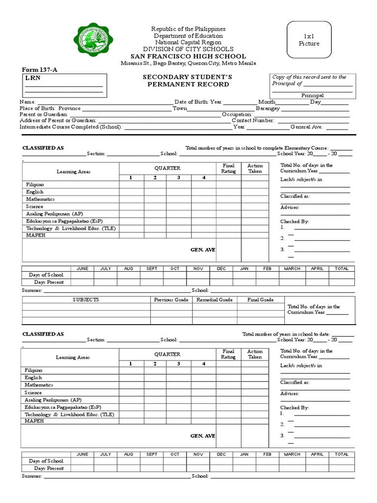 FORM 137 Template | PDF | Metro Manila | Quality Of Life