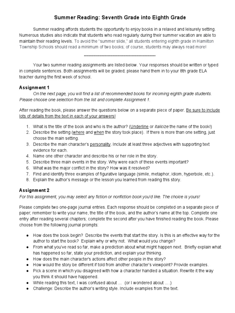 Summer Reading: Seventh Grade Into Eighth Grade: Assignment 1 | PDF