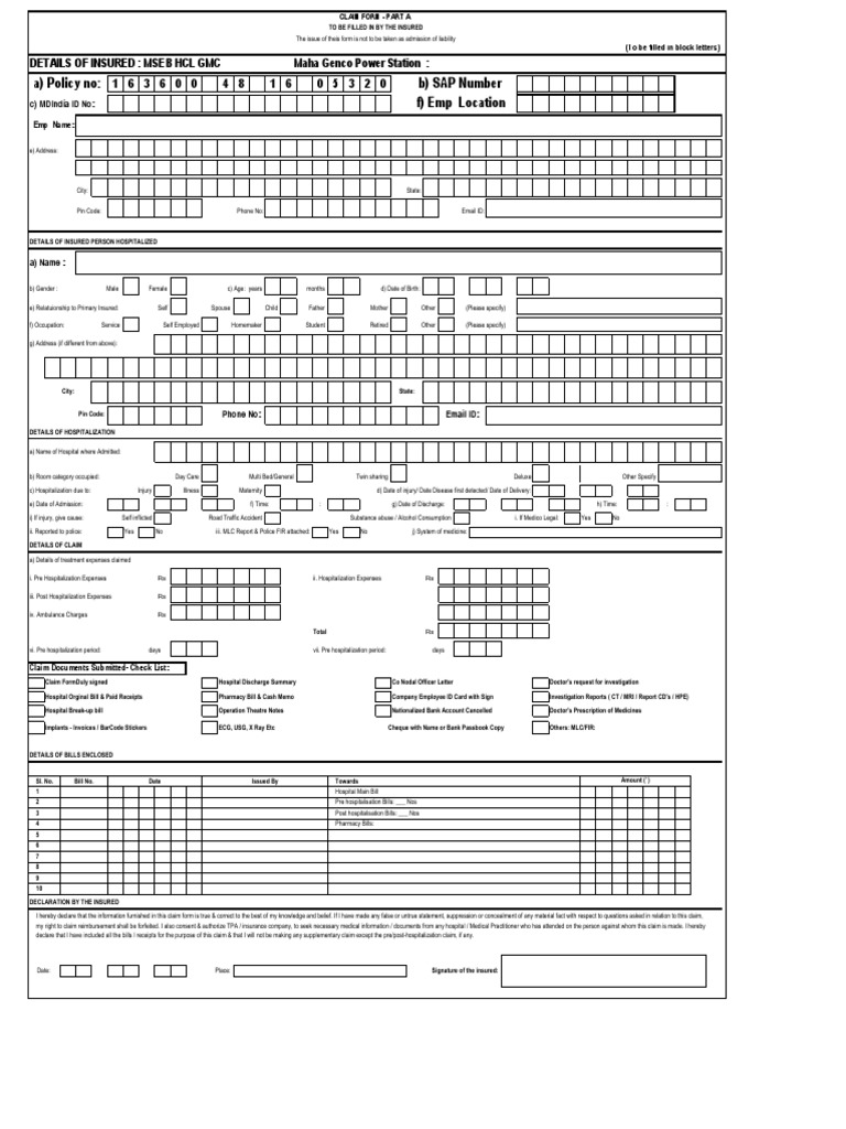 MSEB - Claim - Form 2016 MahaGenco | PDF | Invoice | Hospital