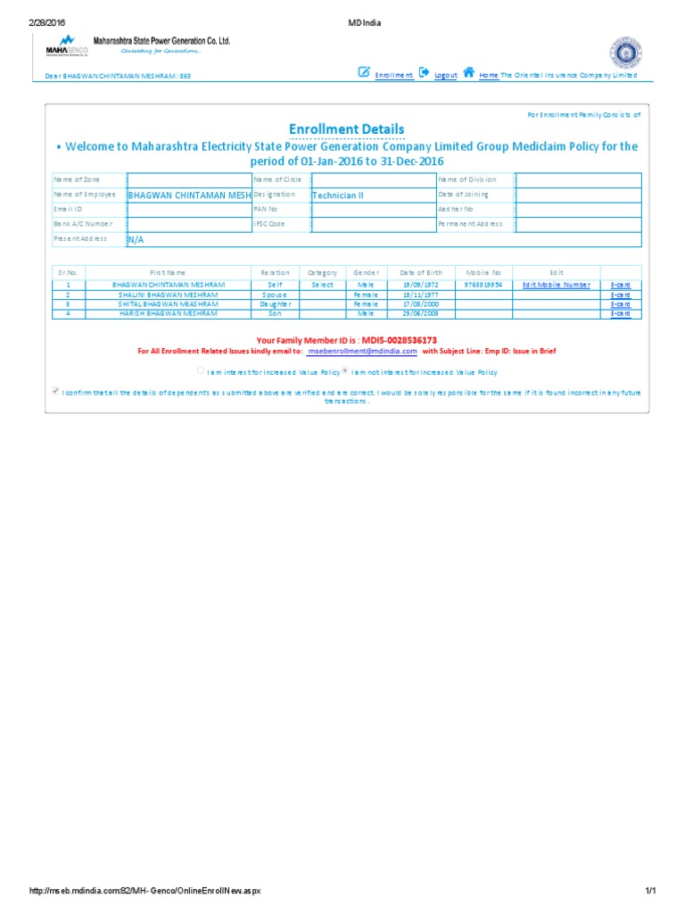 Mediclaim Enrollment for Employees | PDF