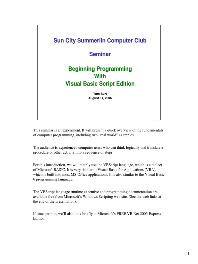 Vbscript Beginning Programming Pdf Control Flow Visual Basic For Applications