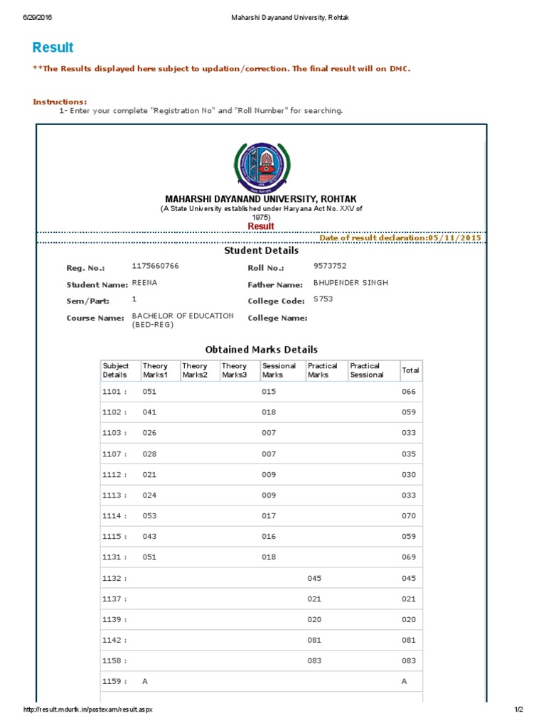 Result: Maharshi Dayanand University, Rohtak | PDF