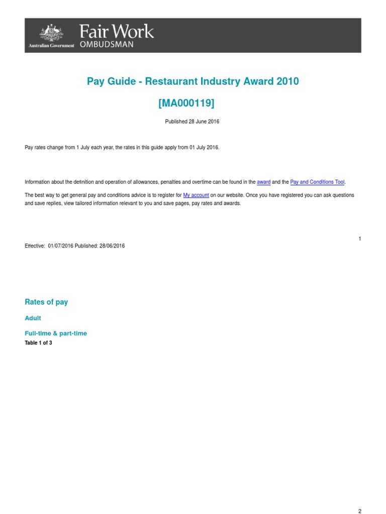 Restaurant Industry Award Pay Guide 2016 | PDF | Food And Drink ...