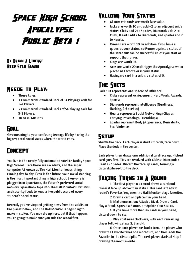 Space High School Apocalypse Rules | PDF | Playing Cards | Leisure Activities
