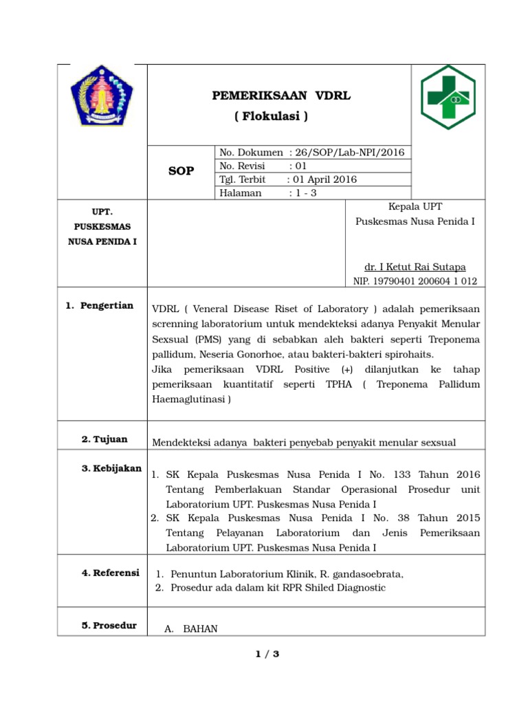 Prosedur Pemeriksaan VDRL dan TPHA | PDF | Sains & Matematika
