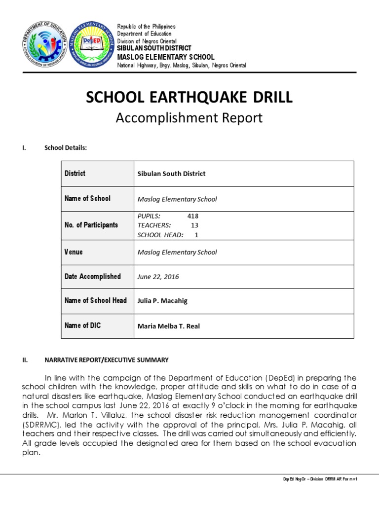 Earthquake Drill Success Report | PDF | Further Education | Schools