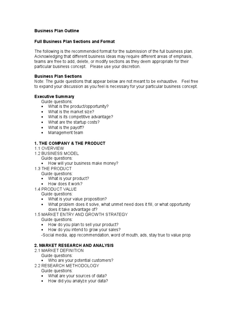 Business Plan Outline Full Business Plan Sections and Format | PDF