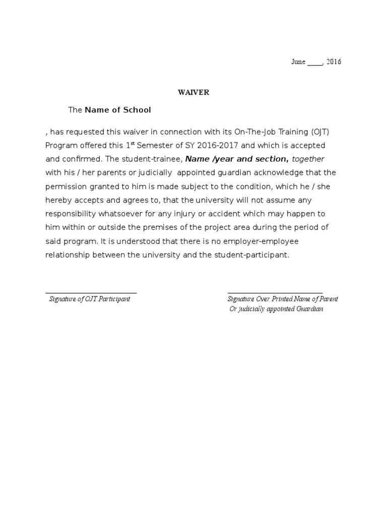 Waiver: Signature of OJT Participant Signature Over Printed Name of ...