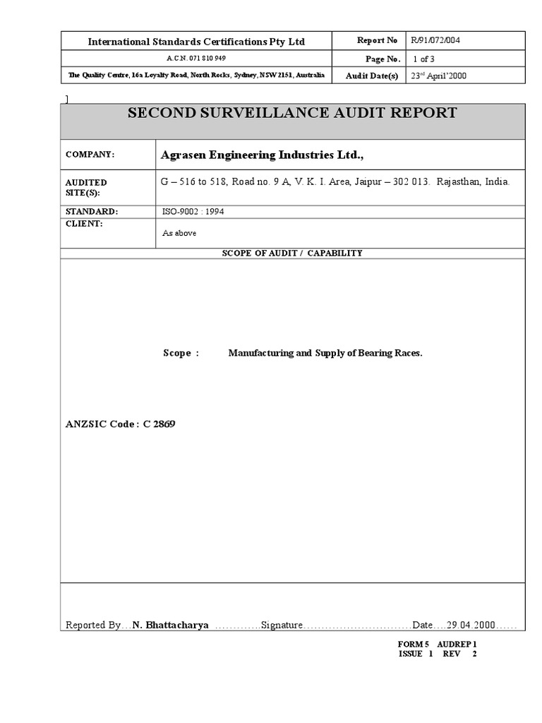 Second Surveillance Audit Report: Agrasen Engineering Industries LTD ...