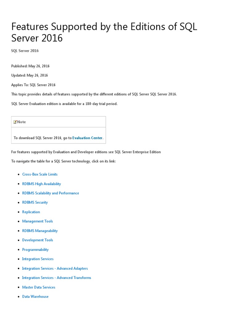 Features Supported by The Editions of SQL Server 2016 | PDF | Microsoft ...