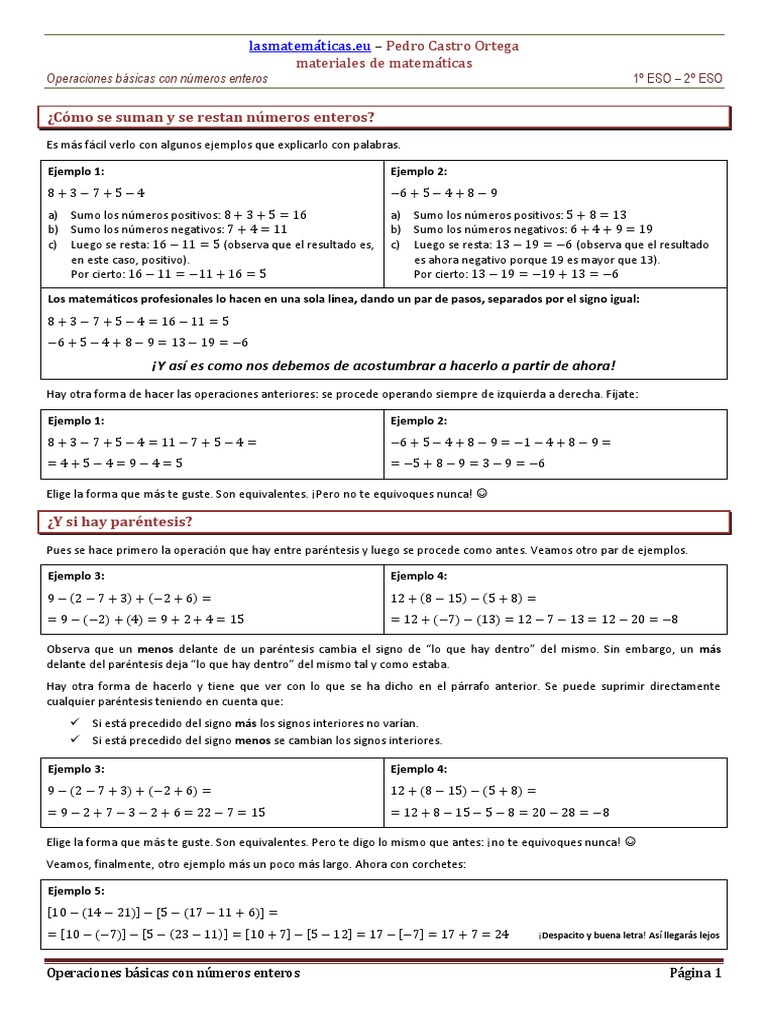 Operaciones con Números Enteros: Guía 1º-2º ESO | PDF | Multiplicación ...