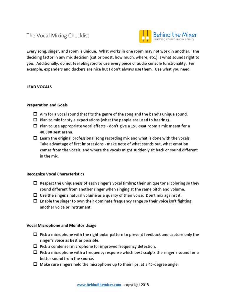 Vocal Mixing Checklist | PDF | Singing | Microphone