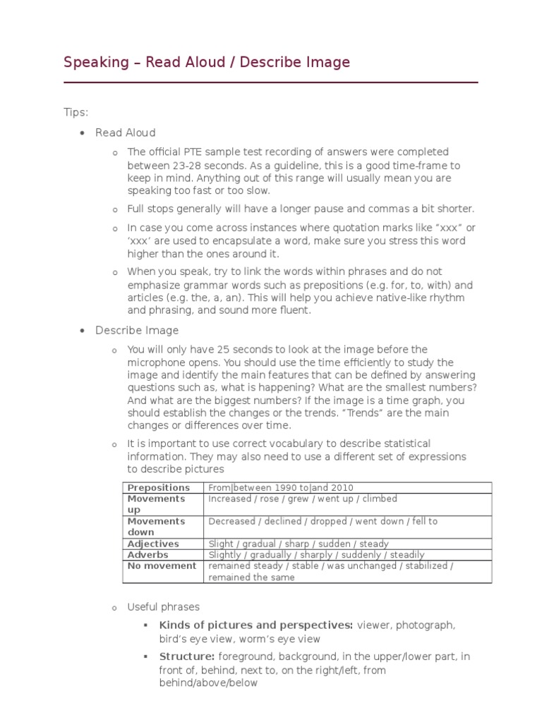Speaking - Read Aloud, Describe Image | PDF | Chart | Preposition And ...