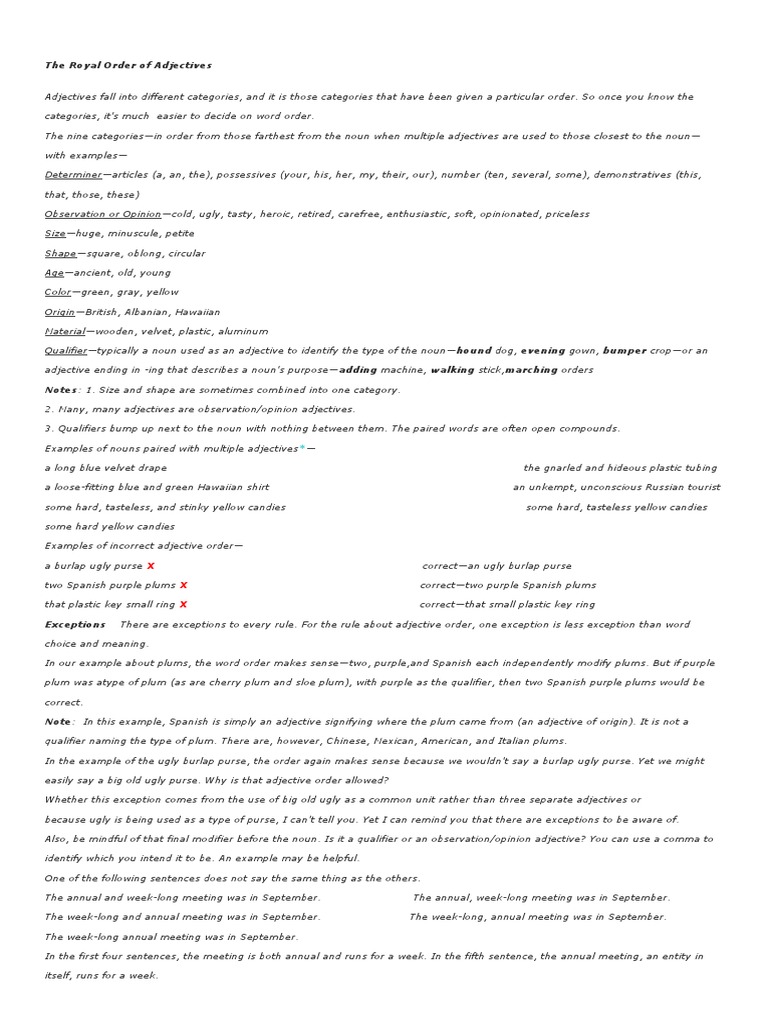 The Royal Order of Adjectives | PDF | Adjective | Comma