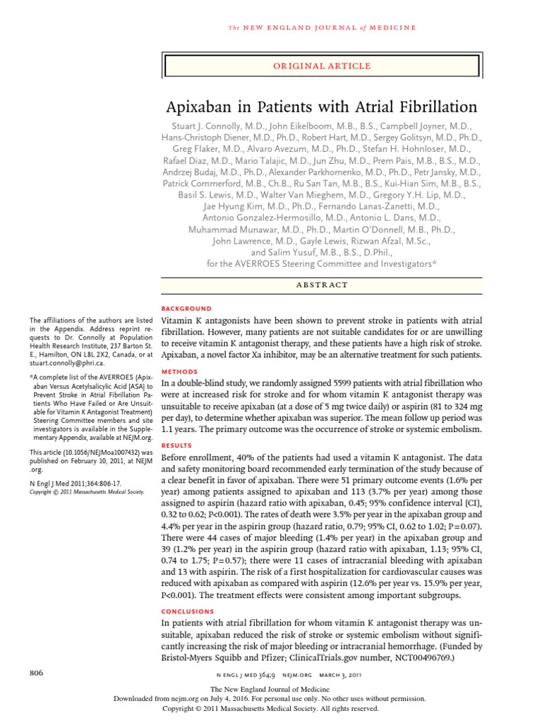 Apixaban in Patients With Atrial Fibrillation | PDF | Stroke | Clinical ...
