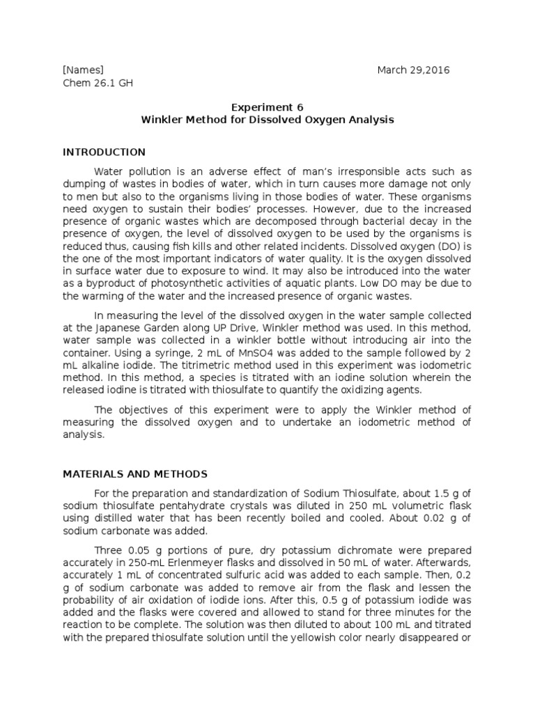 Experiment 6 Winkler Method For Dissolved Oxygen Analysis | PDF ...