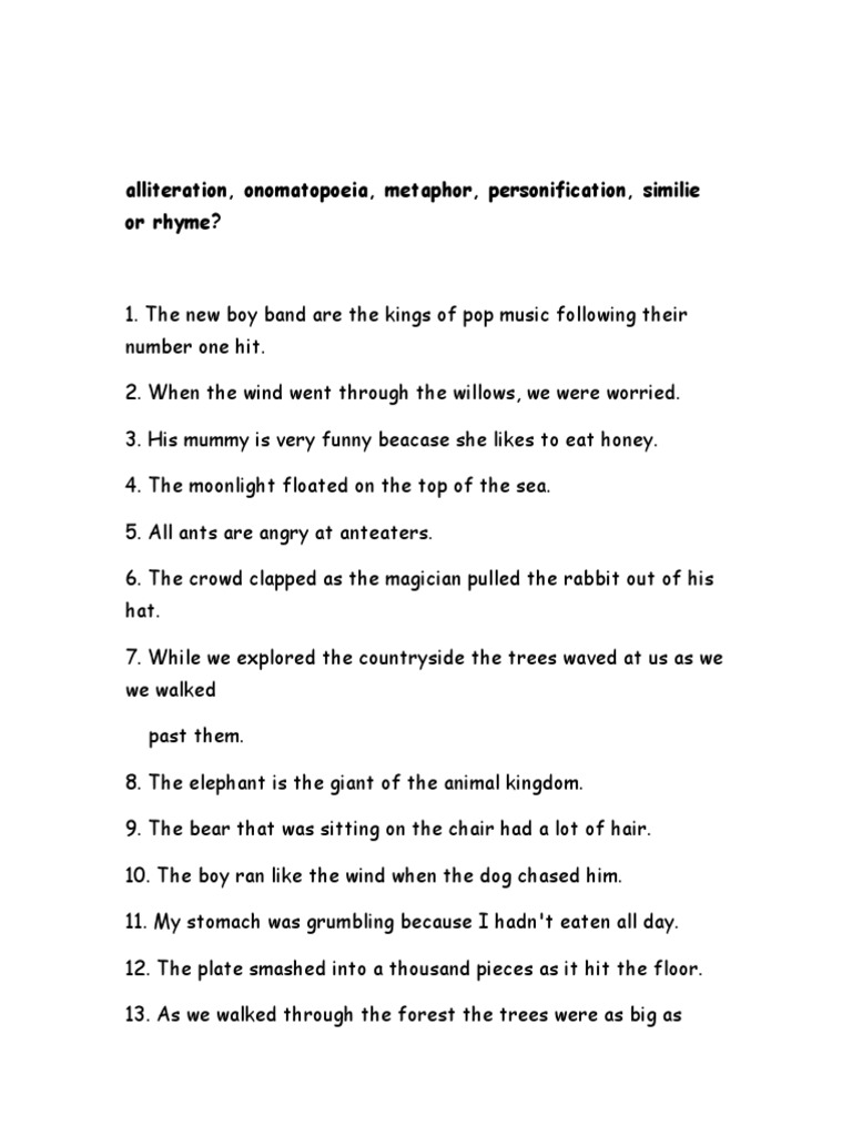 Alliteration, Onomatopoeia, Metaphor, Personification, Similie or Rhyme? | PDF