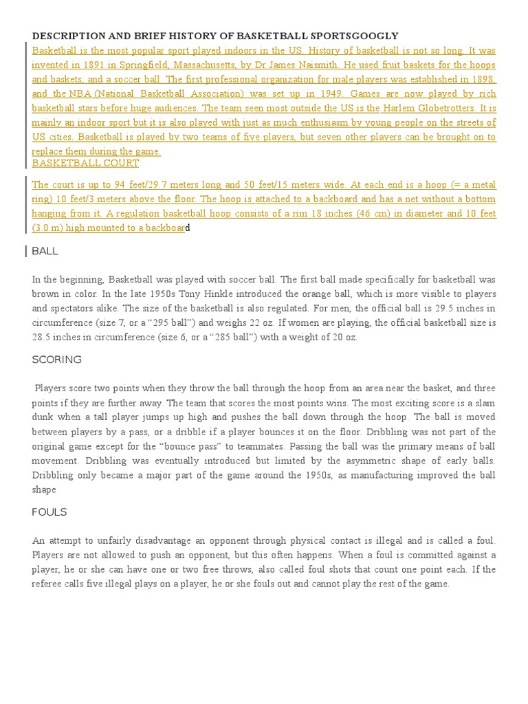 Description and Brief History of Basketball Sportsgoogly | PDF ...