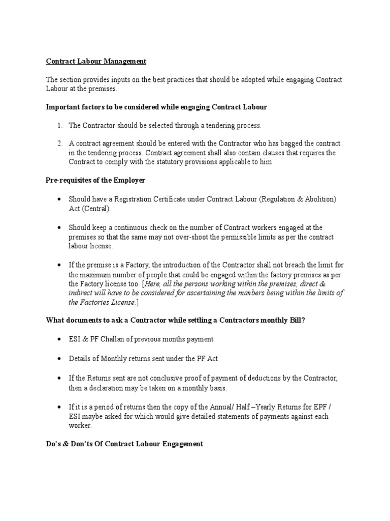Contract Labour Management | PDF | Employment | Private Law