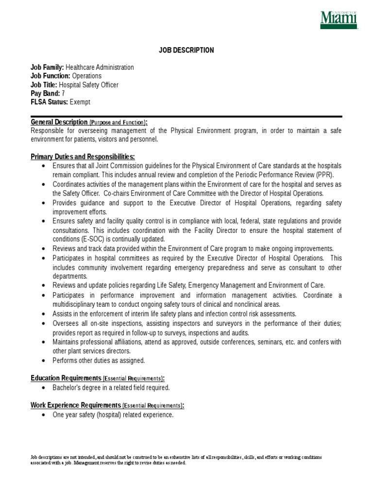 Hospital Safety Officer Job Description | PDF | Safety | Hospital