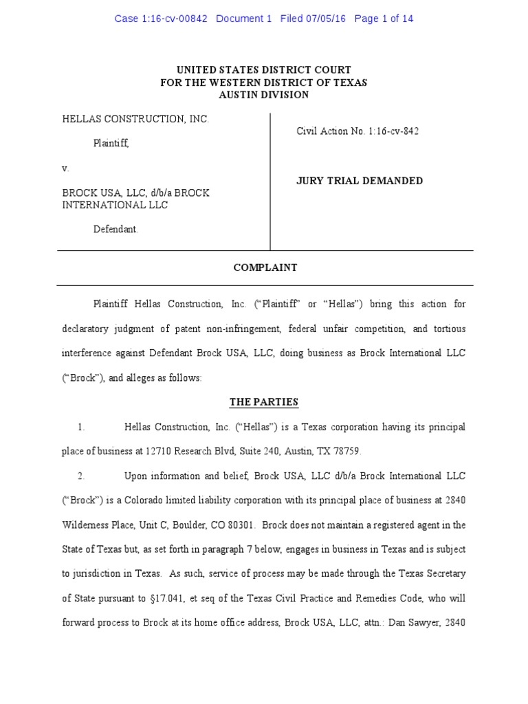 Hellas Construction v. Brock USA - Complaint | PDF | Diversity ...
