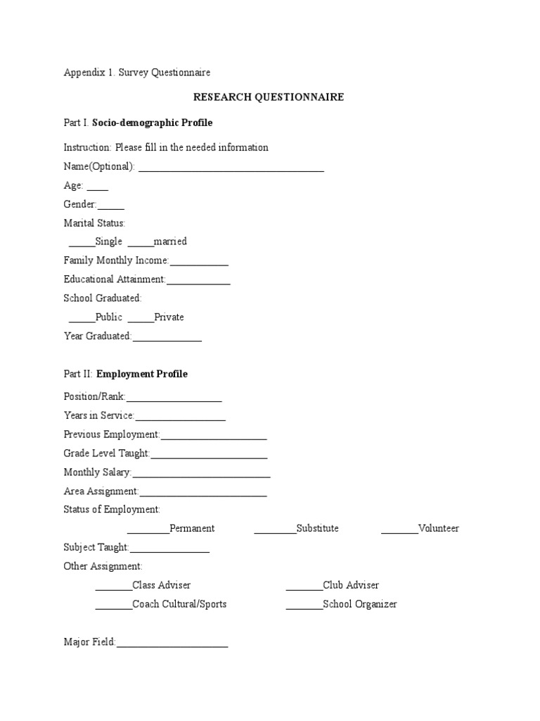 Questionnaire Sample | PDF | Survey Methodology | Employment