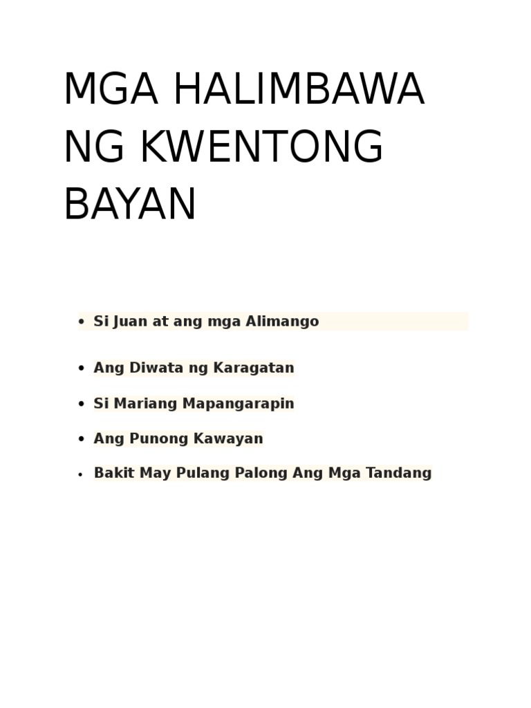 Mga Halimbawa NG Kwentong Bayan | PDF