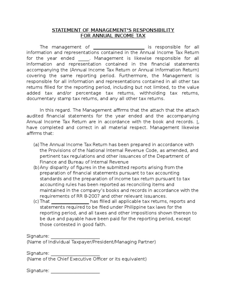 Statement of Management's Responsibility For Annual Income Tax | PDF ...
