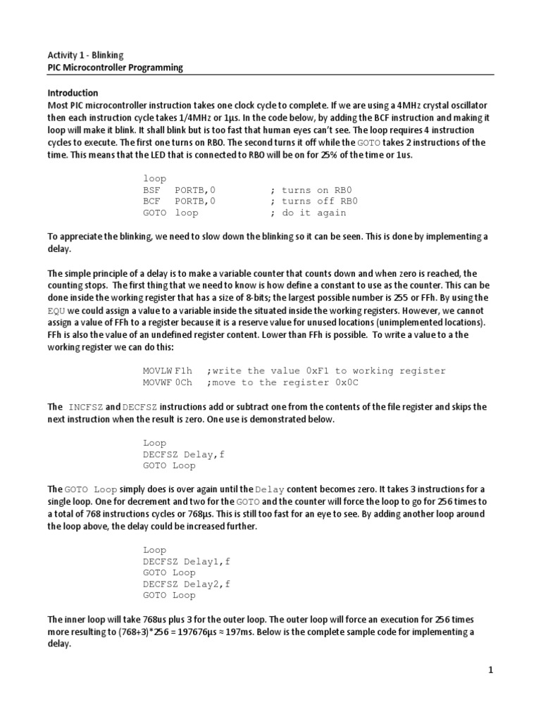 Activity 1 - Blinking (PICmicro Assembly Programming) | PDF | Pic ...